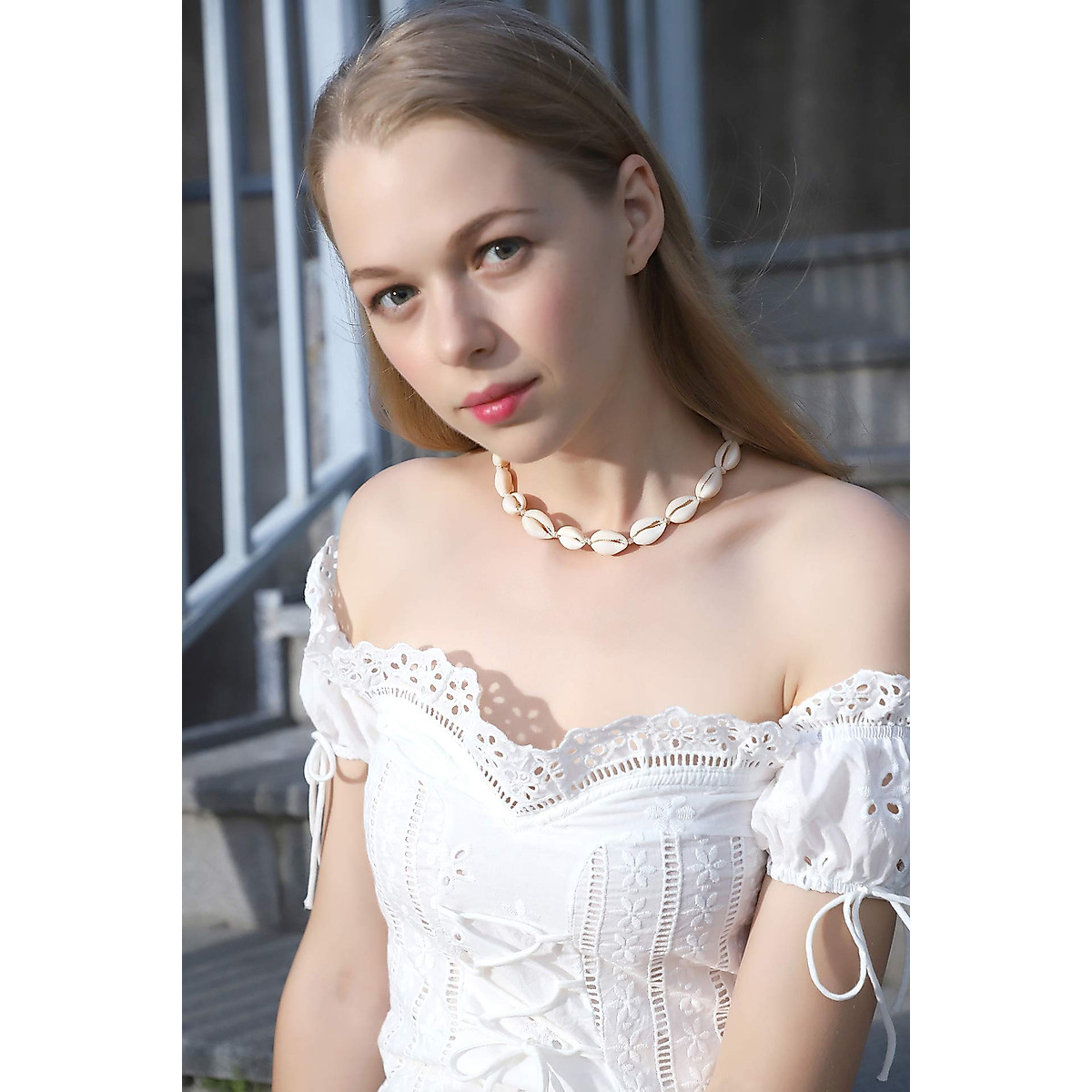 Cilkus Natural Shell Necklace Bracelet Anklet Set, Handmade Adjustable Pearl Buckle Summer Boho Hawaii Beach Seashell Choker Jewelry Gift for Women Girls (White)