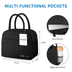 DALINDA Lunch Bag Lunch Box for Women Men Reusable Insulated Lunch Tote Bag,Leakproof Thermal Cooler Sack Food Handbags Case High Capacity forTravel Work School Picnic- Black