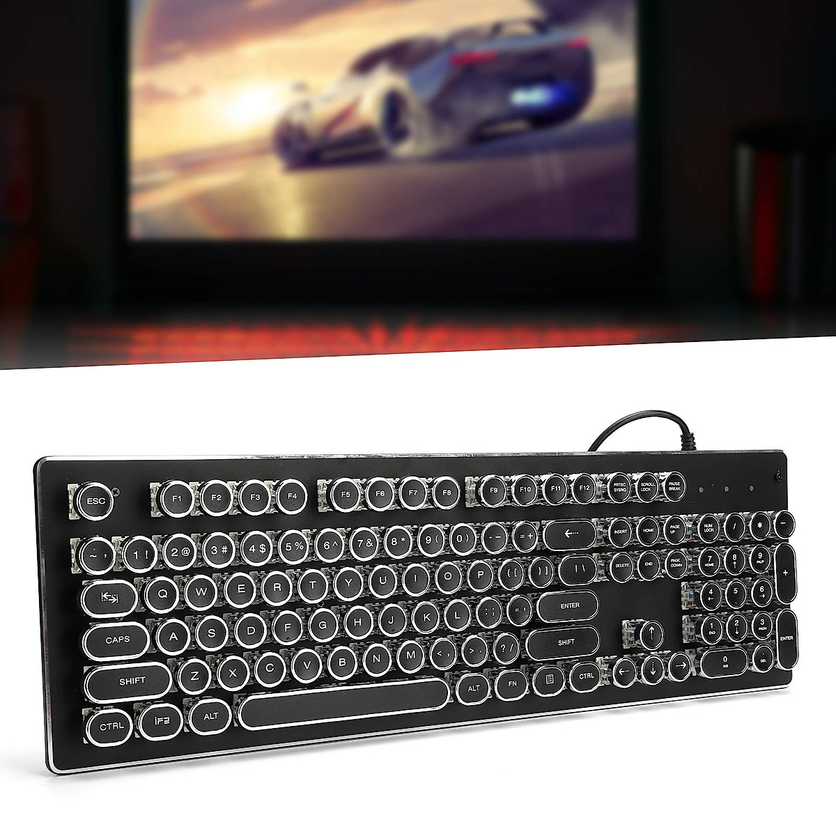Junlucki Mechanical Gaming Keyboard, 104 Keys Retro Wired Ergonomic Round Key Keyboard Illuminated Click with Mixed Light Tenkeyless for DesktopLaptopComputers(Black)