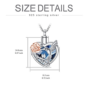 TOUPOP Hummingbird Urn Necklace for Ashes Sterling Silver with Blue Heart Crystal Cremation Jewelry w/Funnel Filler Memory Jewelry for Women