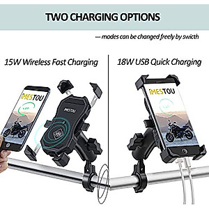 iMESTOU Auto Clamping Motorcycle Phone Mount Charger Wireless qi & USB Quick Charging 2 in 1 Handlebar Cell Phone Holder 9CM Stem 1" Ball Mount 720 Rotation Quick Release for 3.5-6.8 Inch Smartphone
