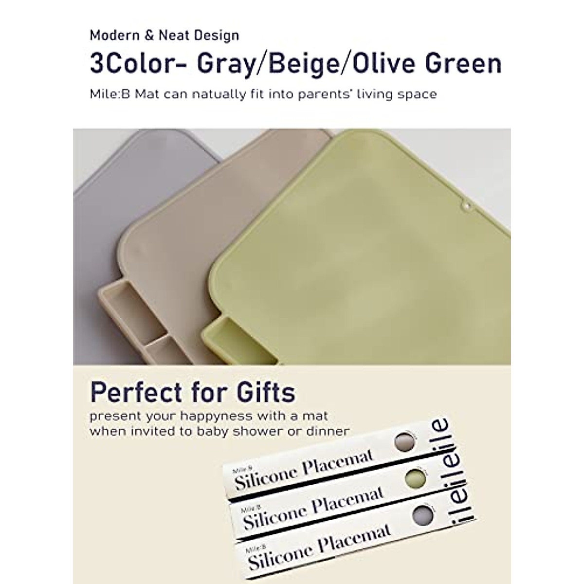 Mile:B Baby Toddler Placemat,Non Slip with 4 Suction Cups,Non Tilting Food Catcher with 2 Guards,16x14in,A Hanging Loop for Easy Drying(Gray)