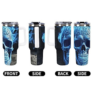 LLUTSNTH 40 Oz Vacuum Tumbler with White Handle Leakproof Insulated Tumbler 3D Print Blue Skull Stainless Steel Travel Mug with Lid And Straw Coffee Cup Cute Water Bottles Cup Holder Friendly