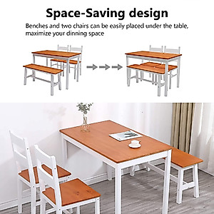 Alohappy Dining Table Set for 4, Solid Wood Kitchen Table with 2 Chairs and Bench, 4-Person Space-Saving Dinette Table for Kitchen, Dining Room, Sturdy Structure Easy Assembly Orange + White