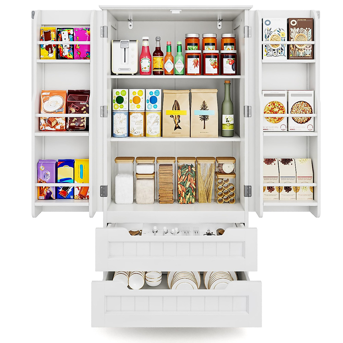 Gizoon 47" Kitchen Pantry Storage Cabinet with Drawers Freestanding Bathroom Storage Cabinets with Doors and Shelves, Small Food Pantry Cabinet for Dining Room Craft Room, White