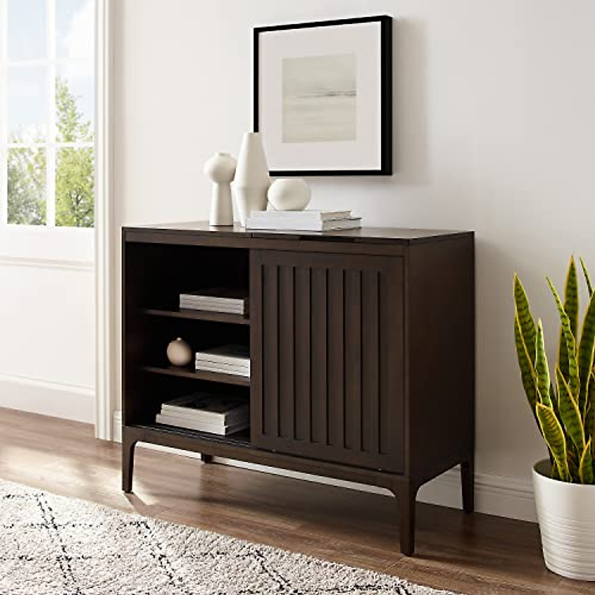 Crosley Furniture Asher Media Console and Record Player Stand with Storage for Vinyl Records, Dark Brown