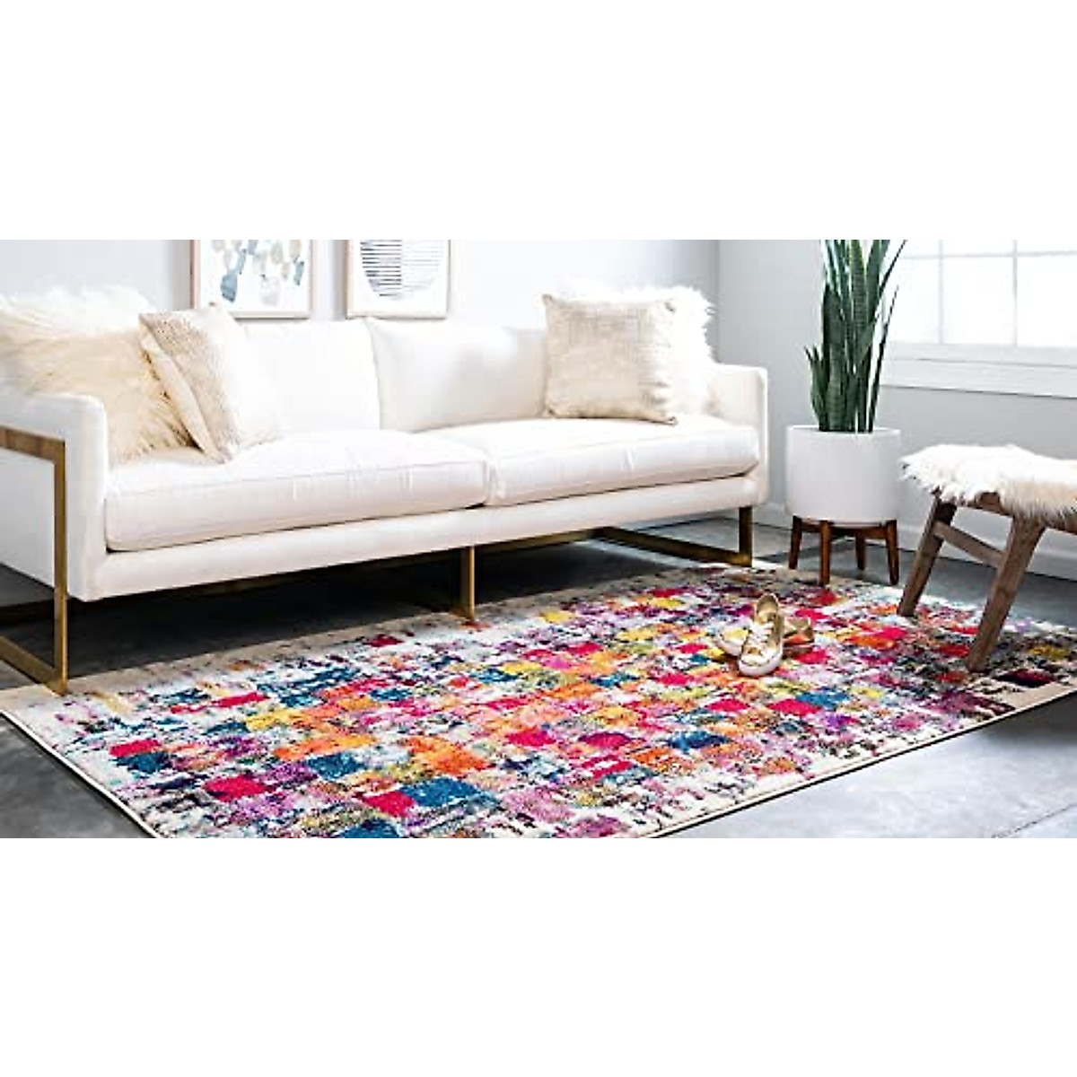 Unique Loom Estrella Collection Abstract, Bright Colors, Distressed, Modern Area Rug, 8 ft x 11 ft, Multi/Beige