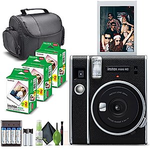 Fujifilm Instax Mini 40 Instant Camera Black Vintage Bundle with Fuji Instax Mini Film 60 Sheets + 4 Rechargeable Batteries and More Perfect Camera for Kids, Wedding, Birthday Or Any Occasion