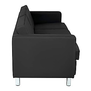 Office Star Pacific Sofa with Padded Box Spring Seats and Silver Finish Legs, Dillon Black Faux Leather