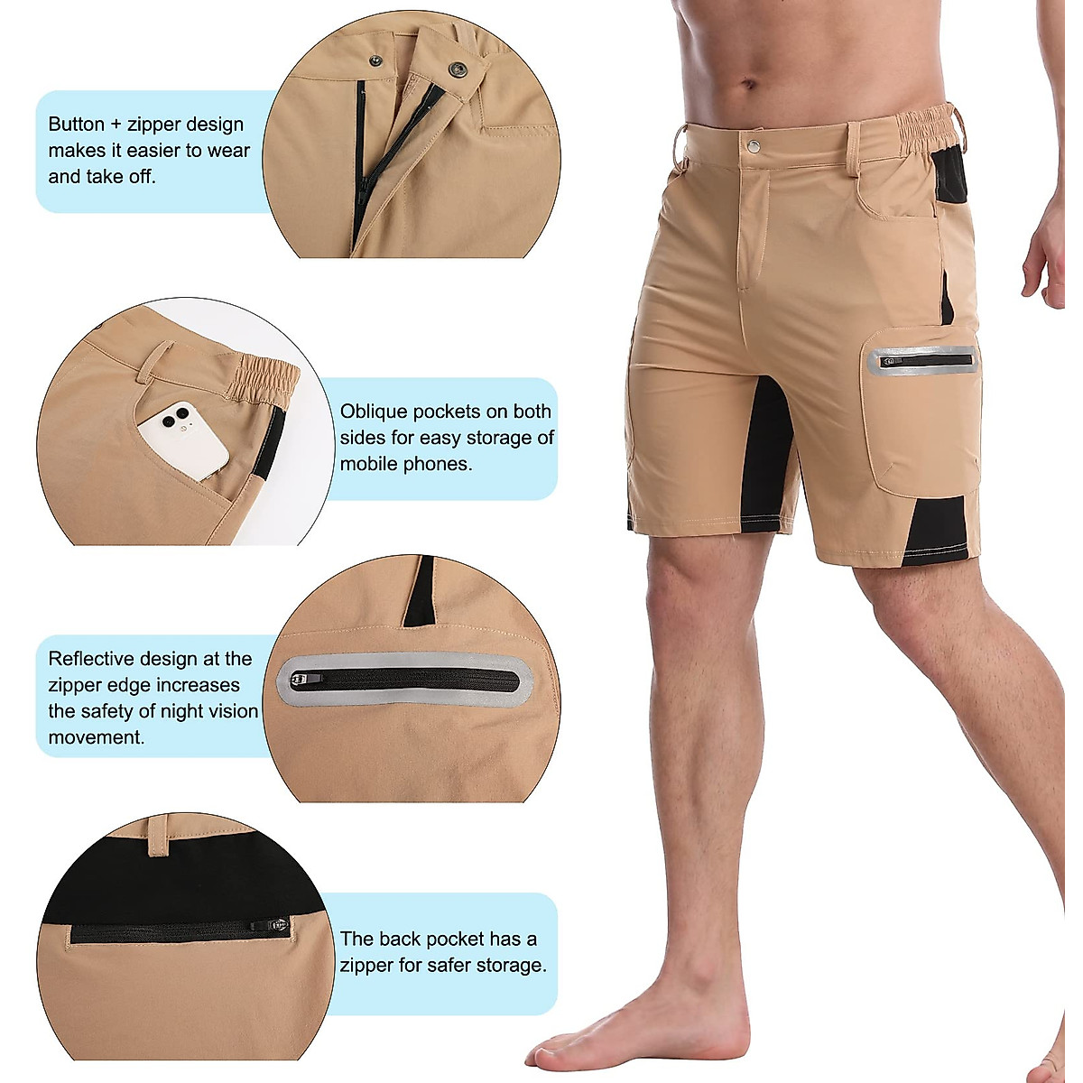 Surenow Men's Hiking Cargo Shorts Lightweight Quick-Dry Shorts Summer Outdoor Fishing Shorts Camping Travel Shorts for Men Khaki