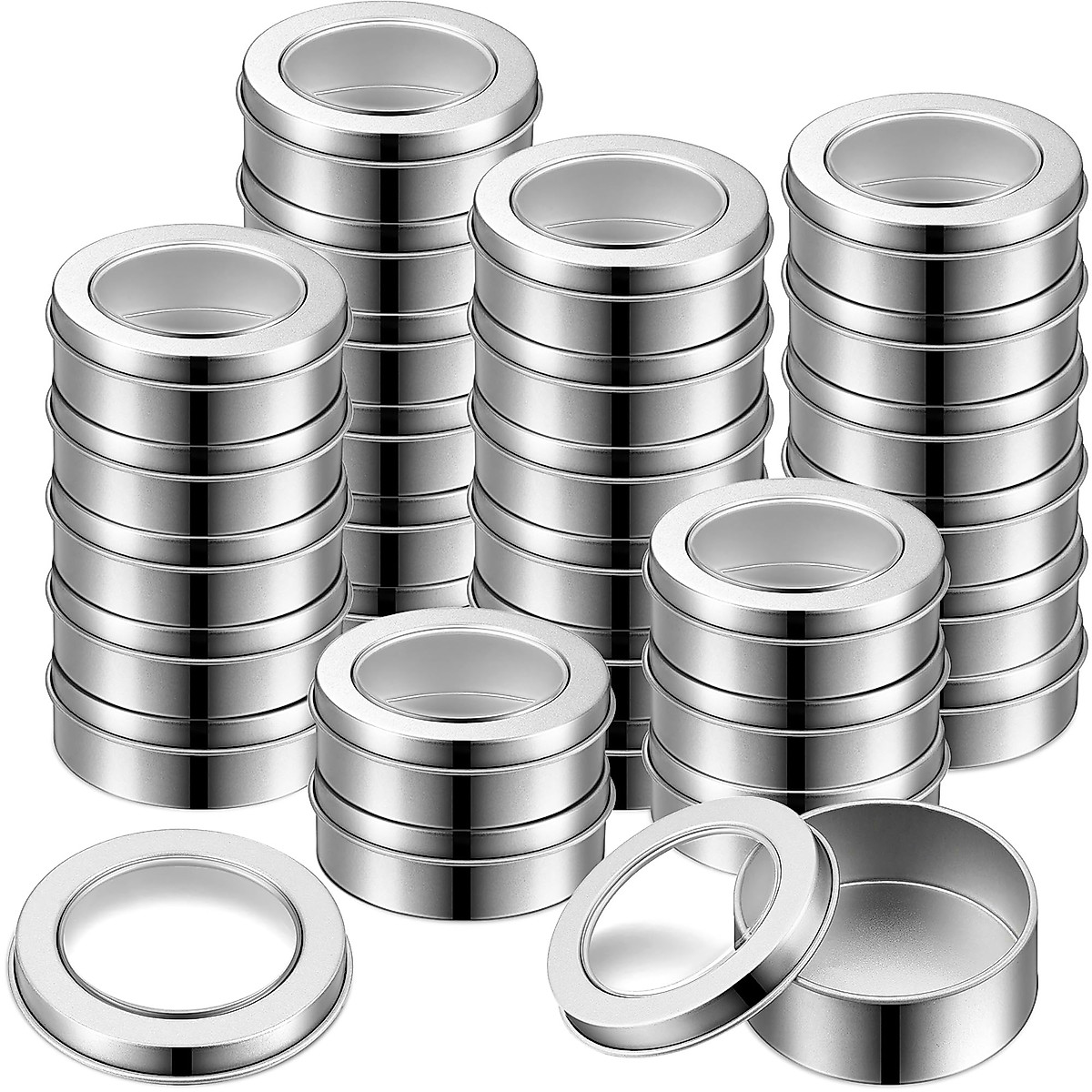 TecUnite 2 Ounce Metal Tin Cans Round Empty Container Salve Tins with Clear Lid for Kitchen, Office, Candles, Candies(40 Pack)