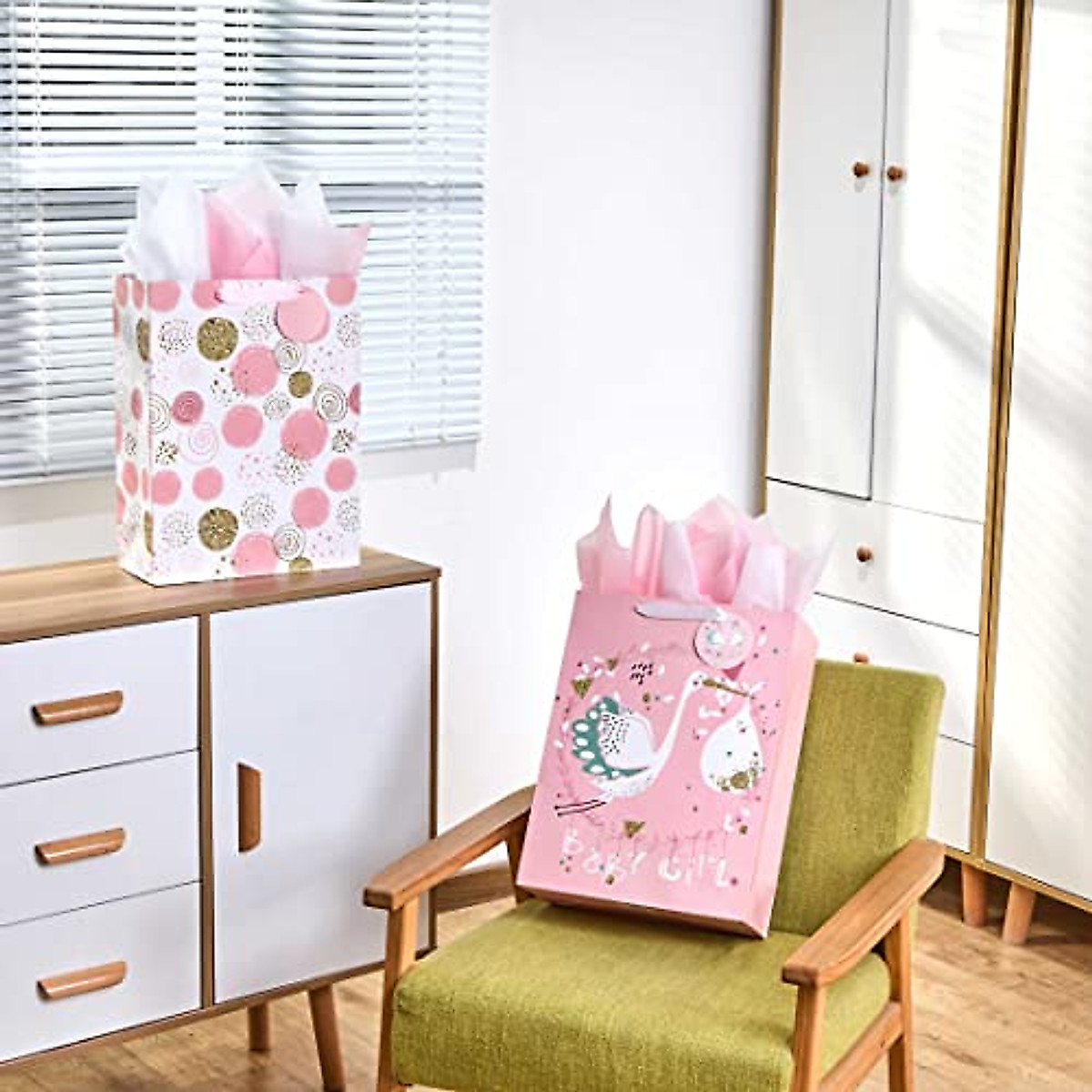 SUNCOLOR 16.5" Extra Large Gift Bags for Baby Shower with Tissue Paper(2 Pack, Baby Girl)