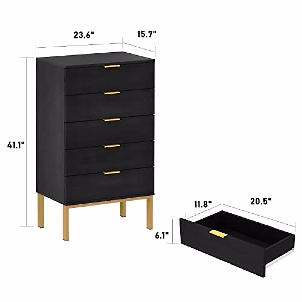 FAMAPY Chest of Drawers 5-Drawer Dresser with Straight Gold Metal Legs, Wood Storage Chest Drawer Organizer Large Storage for Bedroom Black (23.6”W x 15.7”D x 41.1”H)