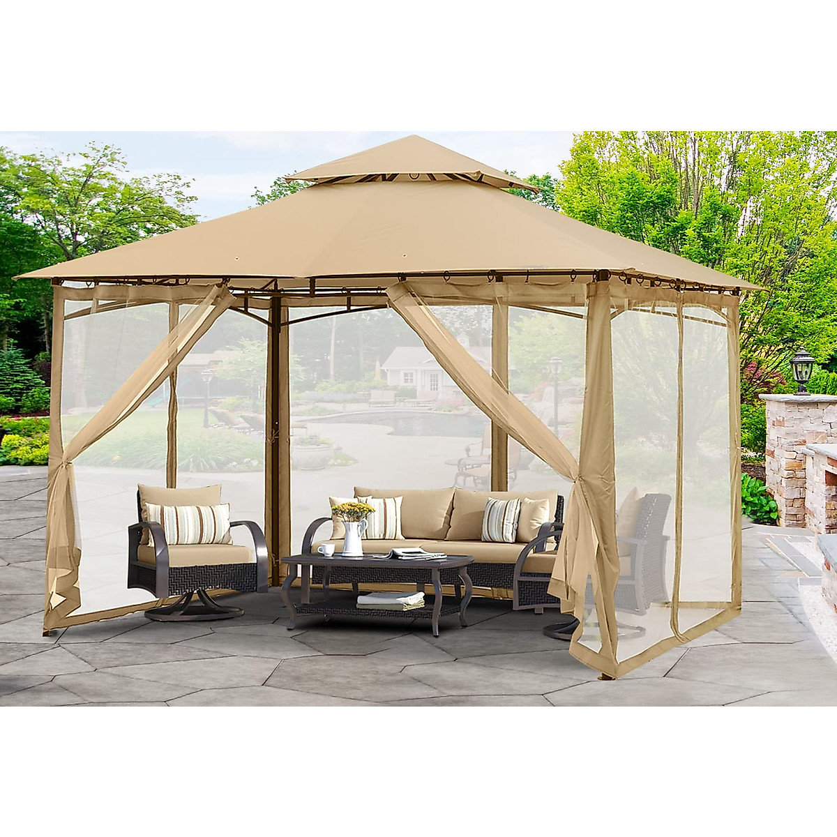 MASTERCANOPY Outdoor Garden Gazebo for Patios with Stable Steel Frame and Netting Walls (10x10, Beige)