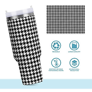 MCHIVER Black Houndstooth Tumbler with Lid and Straw 40 oz Insulated Water Bottle Leakproof Water Tumblers for Smoothie Coffee Water