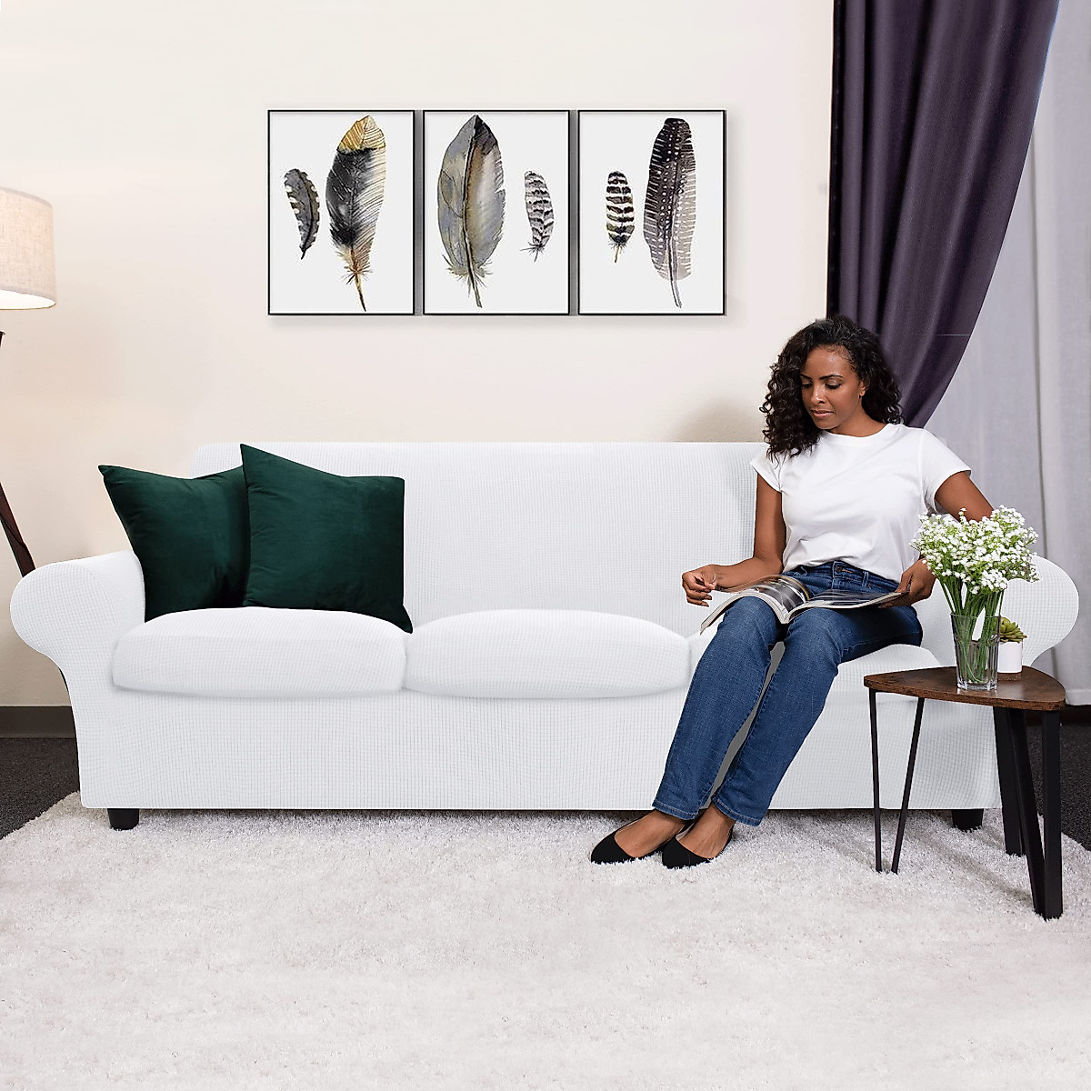 CHUN YI 3 Pieces Stretch Loveseat Sofa Cover for 2 Seater Couch, Washable Soft Sofa Slipcover with 2 Separate Seat Cushion Covers for Dogs, Checks Spandex Jacquard Fabric, Medium, White