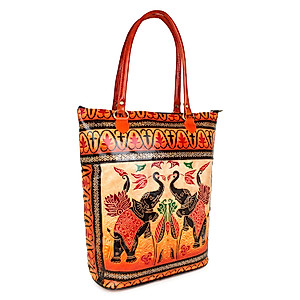 Twin Royal Elephants Design Ethnic Hand Embossed Shantiniketan Leather Indian Shopping Bag