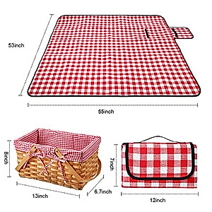 Picnic Basket Natural Woven Woodchip Basket with Double Folding Handles, Picnic Blanket Easter Basket for Easter Egg Candy Halloween Christmas Kids Toy Storage (Red and White Grid)