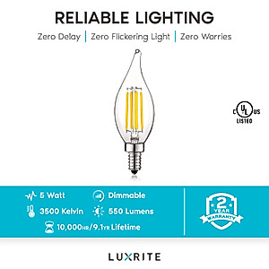 LUXRITE Vintage Candelabra LED Bulb 60W Equivalent, 550 Lumens, 3500K Natural White, LED Chandelier Light Bulbs 5W, Dimmable, Flame Tip Clear Glass, Filament LED Candle Bulbs, E12 Base (6 Pack)