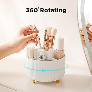 Famyards Makeup Brush Holder, 360° Rotating Makeup Brush Organizer, 5 Slot Large Capacity Cosmetic Brushes Storage Countertop for Vanity, White