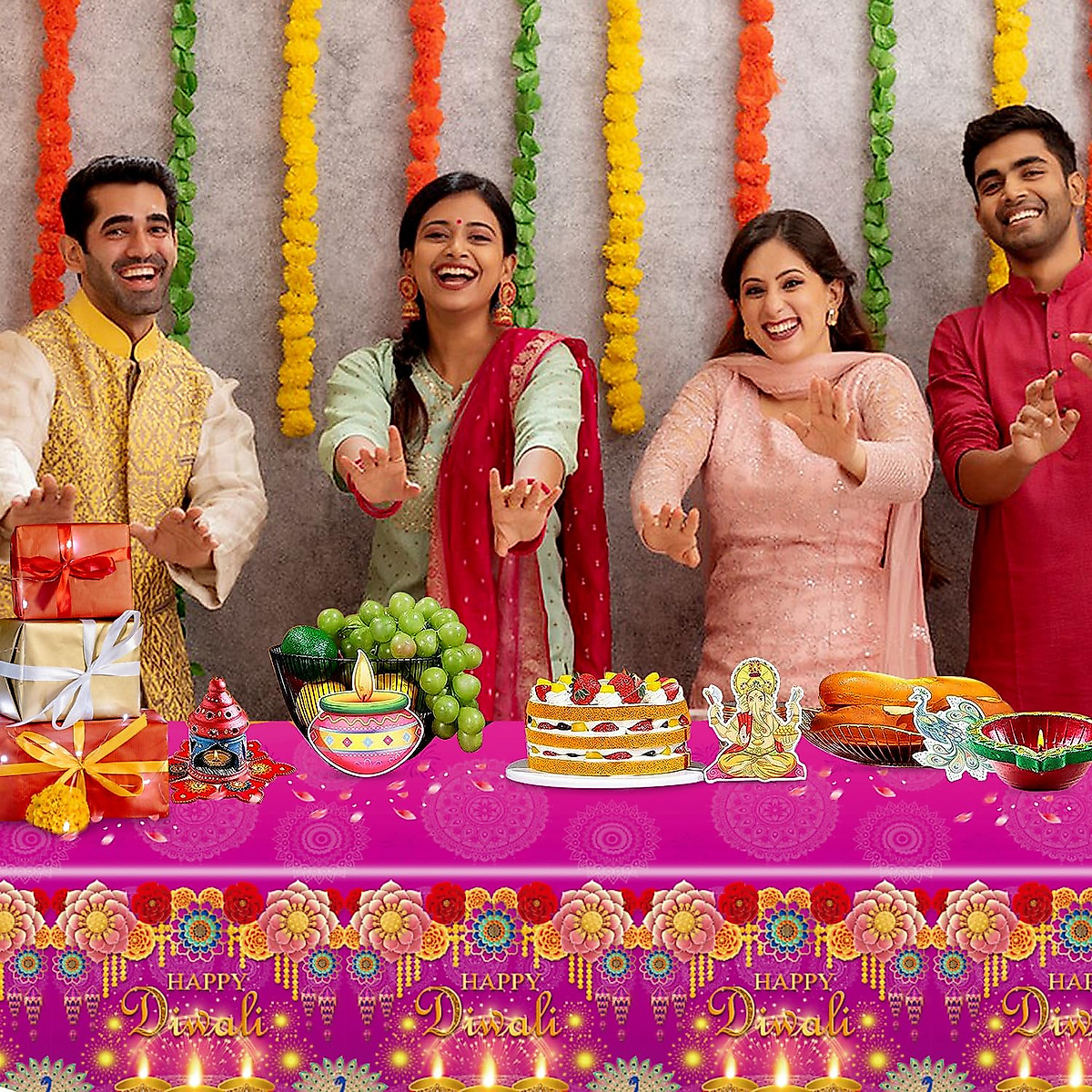 LARRAZABAL Diwali Tablecloths, Happy Diwali Table Covers for Indian Deepavali Festival of Lights, Rectangular Diwali Plastic Tablecloths Party Supplies