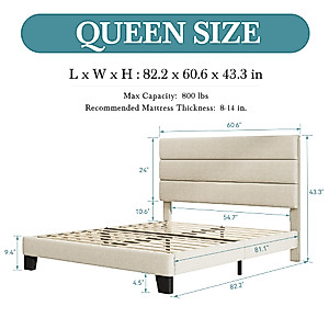 HOOMIC Queen Size Bed Frame with Headboard, Fabric Upholstered Platform Bed with Strong Wood Slats Support, Mattress Foundation, No Box Spring Needed, Beige