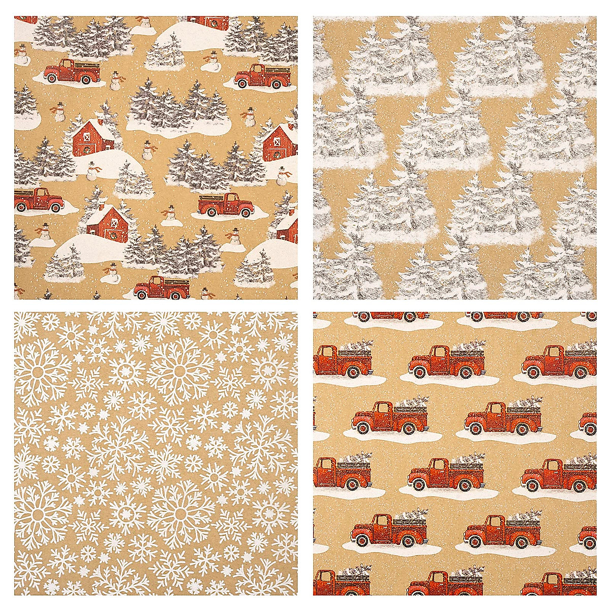 RUSPEPA Christmas Wrapping Paper, Kraft Paper - Snowflake, Snowman, Red Truck and Christmas Tree - 4 Rolls - 30 inches x 10 feet per Roll