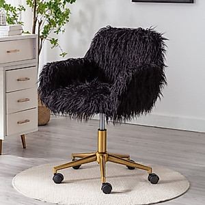 KCC Fluffy Office Desk Chair, Faux Fur Modern Swivel Armchair with Wheels, Soft Comfy Fuzzy Elegant Accent Makeup Vanity Chairs for Women Girls, Home Living Dressing Room Bedroom, Black