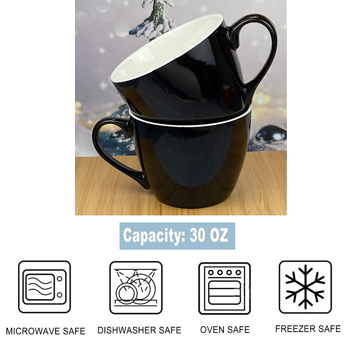 MECOWON 30 OZ Porcelain Coffee Mugs, Set of 2 Large Mugs for Soup, Cereal and Salad (black)