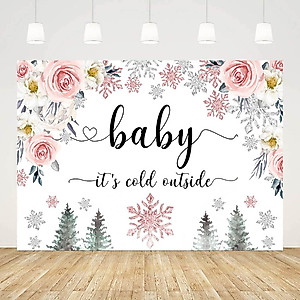 AIBIIN 7x5ft Baby It's Cold Outside Backdrop Christmas Winter Baby Shower Decorations for Girl Pink Flowers Silver Snowflakes Photography Background Banner Photo Props