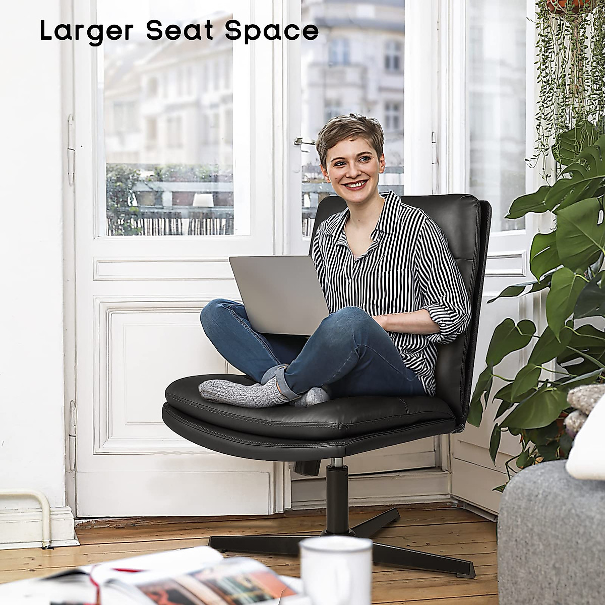 PUKAMI Criss Cross Legged Office Chair,Pu Leather Armless Office Desk Chair No Wheels,Modern Swivel Height Adjustable Wide Seat High Back Computer Task Vanity Chair for Home Office (Black)