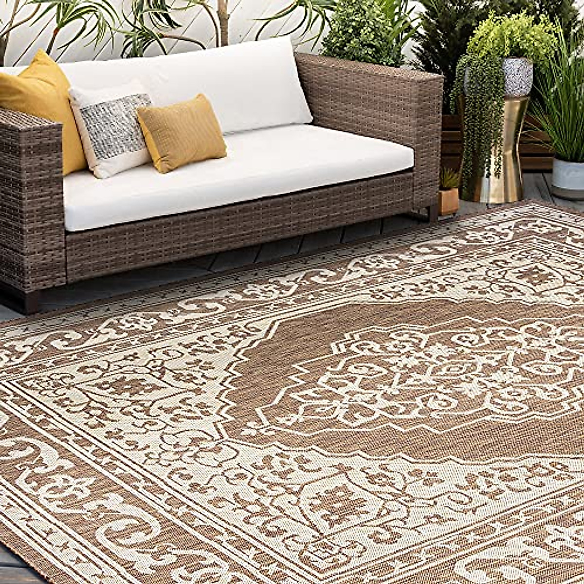 Water & Fade Resistant Indoor Outdoor 3x10 Runnerr Rug for Patio, Deck, Porch, Entryway | Outside Area Rugs for Patios | 2'8'' x 9'10'' Brown