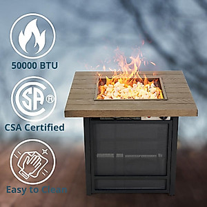 Fire Pit Table, Propane Firepit Outdoor Gas Fire Pits Clearance, 50,000 BTU with Woodgrain Tabletop, Lid, Lava Rocks for Outside Patio, Garden, Deck, Yard