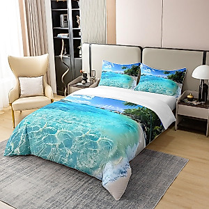 Ocean 100% Cotton Duvet Cover Queen, Palm Leaves Printd Comforter Cover, Summer Beach Decor Hawaiian Vacation Style Bedding Set, Green Palm Trees Tropical Nature Sea Theme Quilt Cover 3Pcs