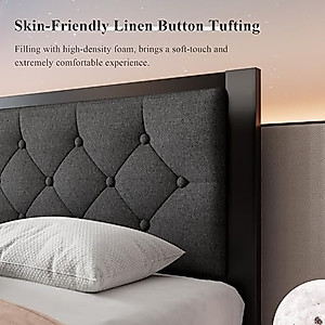 Feonase Twin Size Metal Bed Frame with Linen Upholstered Headboard, Heavy-Duty Platform Bed Frame with 12" Storage, Steel Slats Support, No Box Spring Needed, Gray