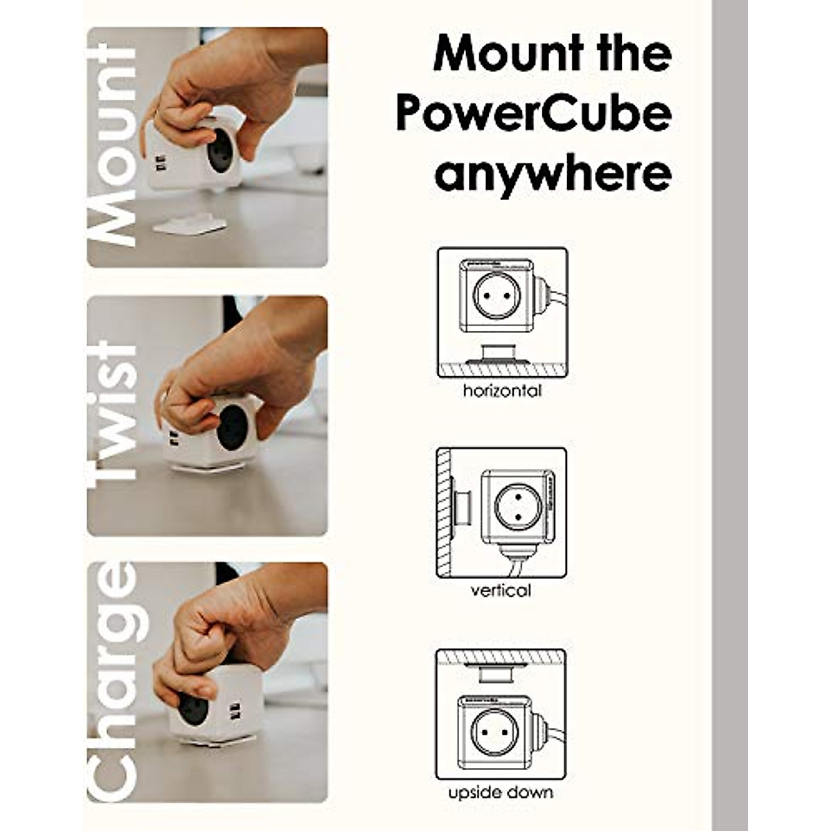 Allocacoc, PowerCube |ExtendedUSB|, 4 outlets, 2 USB Ports, 5 feet cable, Mounting dock, Surge Protection, Childproof Sockets, ETL Certified (Green)