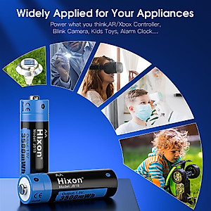 Hixon 12-Pack AA Rechargeable Lithium 1.5V Batteries with Charger,3500mWh,1600Cycles,3A Max Discharge Current,2H Fast Charge,Constant Output.