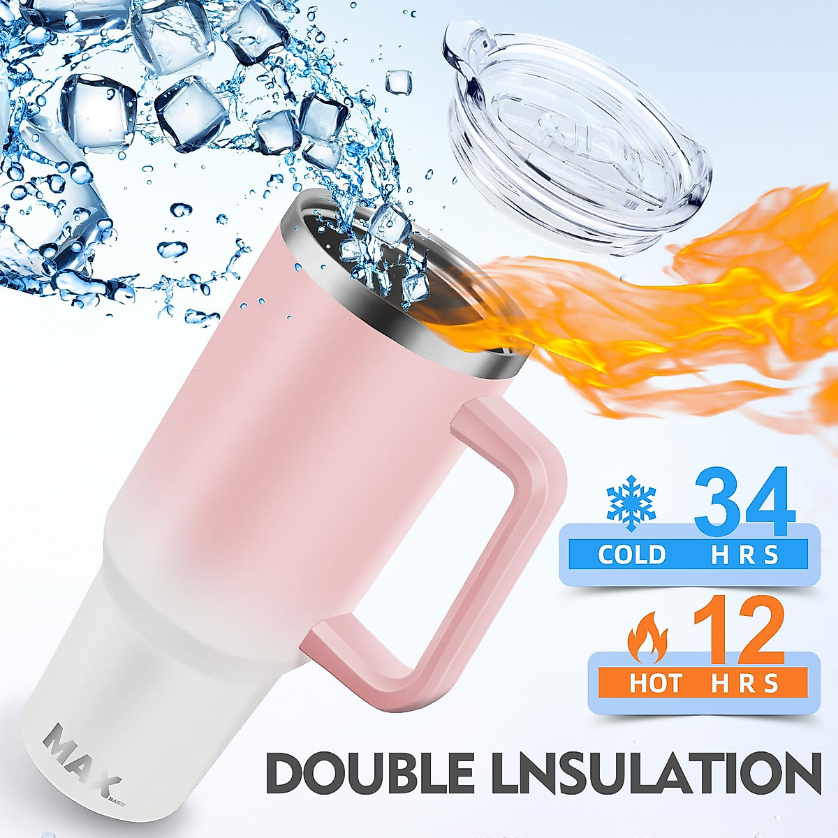 MaxBase 40 oz Tumbler with Handle and Straw Lid, Insulated Reusable Stainless Steel Travel Mug Keeps Drinks Cold up to 34 Hours, 100% Leakproof Bottle for Water, Iced Tea or Coffee, Smoothie and More