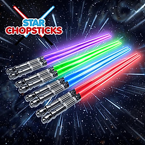 STAR CHOPSTICKS | FREE BOTTLE OPENER | 4 PAIRS DARK BOX | Lightsaber Chopsticks | Star Gifts and Toys for Kids | LED Light Up Reusable Safe Chopstick (4 PAIRS SET NEW)