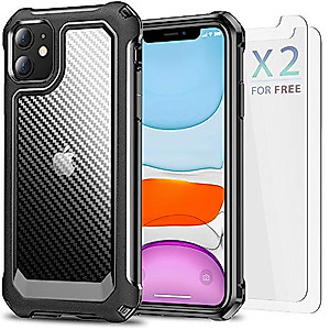 SUPBEC iPhone 11 Case, Slim Carbon Fiber Shockproof Protective Cover with Screen Protector [x2] [Military Grade Drop Protection] [Anti Scratch & Fingerprint], Phone Cases for iPhone 11, 6.1", Black