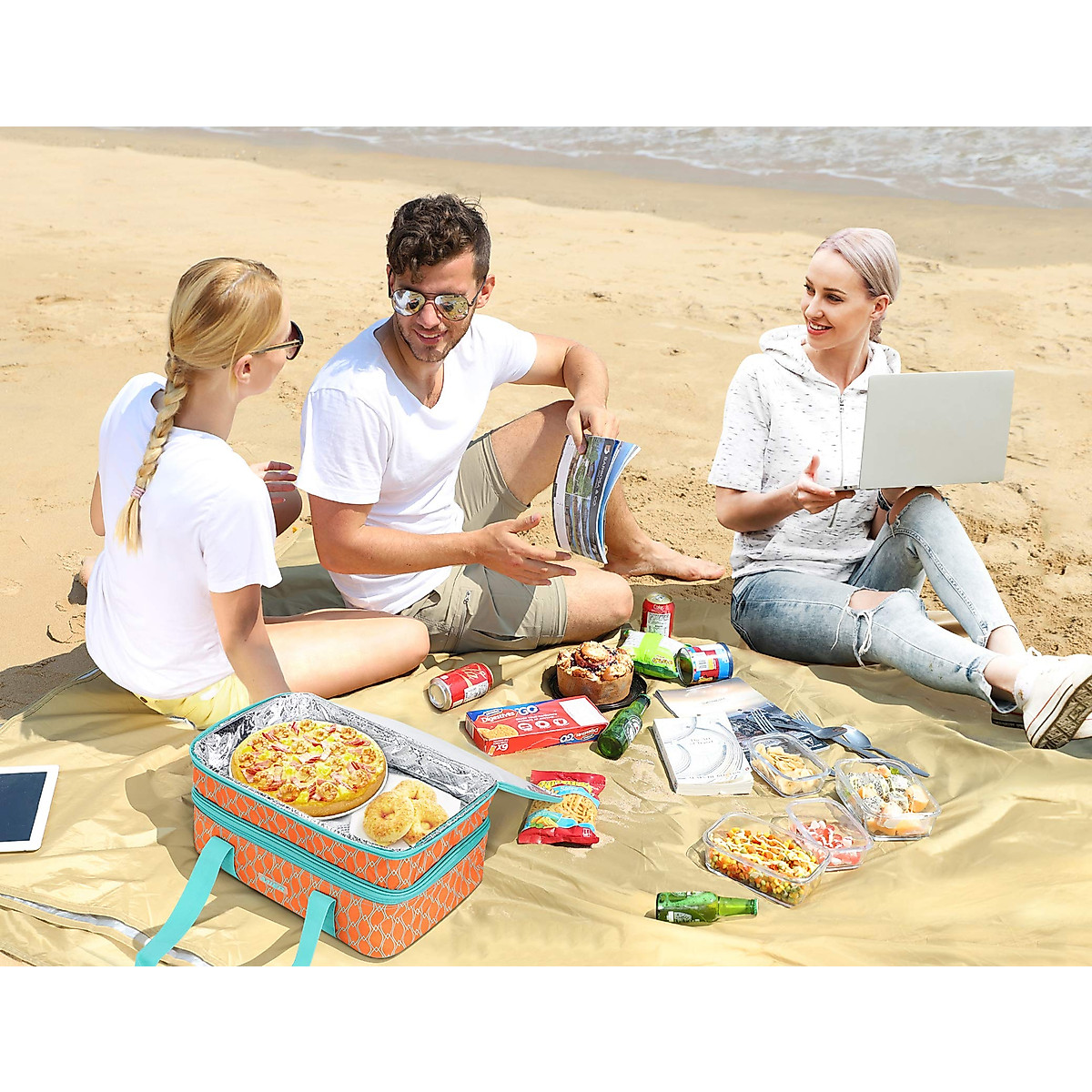 MIER Insulated Double Casserole Carrier Thermal Lunch Tote for Potluck Parties, Picnic, Beach, Fits 9 x 13 Inches Casserole Dish, Expandable by Mid Zipper, Orange