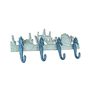 Blue and White Cast Iron Seahorses Decorative Wall Hook Nautical Sea Life Hanging Towel or Coat Rack Beach Home Coastal Accent Decor