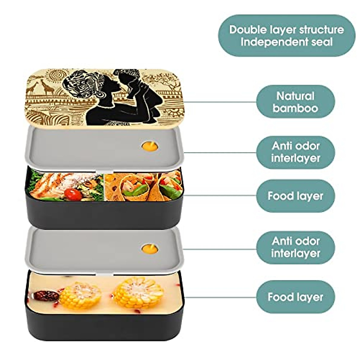 African Black Woman Bento Lunch Box Leak-Proof Bento Box Food Containers with 2 Compartments for Offce Work Picnic Black-Style