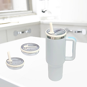 2 Pack 40 oz Tumbler Flip Straw Lid Replacement Compatible with Stanley Quencher, Leak-Proof Splash Resistant Tumbler Top Replacement Reusable Tumbler Cover(Beige)
