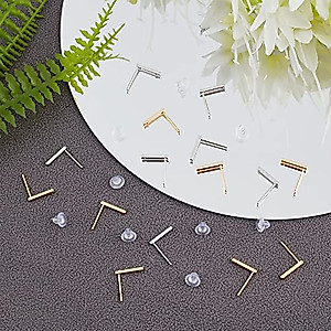 Beebeecraft 40Pcs 2 Colors Stud Earring with Loop 18K Gold & Platinum Plated Rectangle Earring Posts with Ear Nut for DIY Earrings Jewelry Making