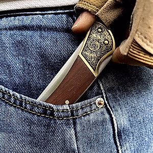 FU-GLBY Embossing Bolster Pocket Folding knife Wood handle EDC Knives Tools (red)