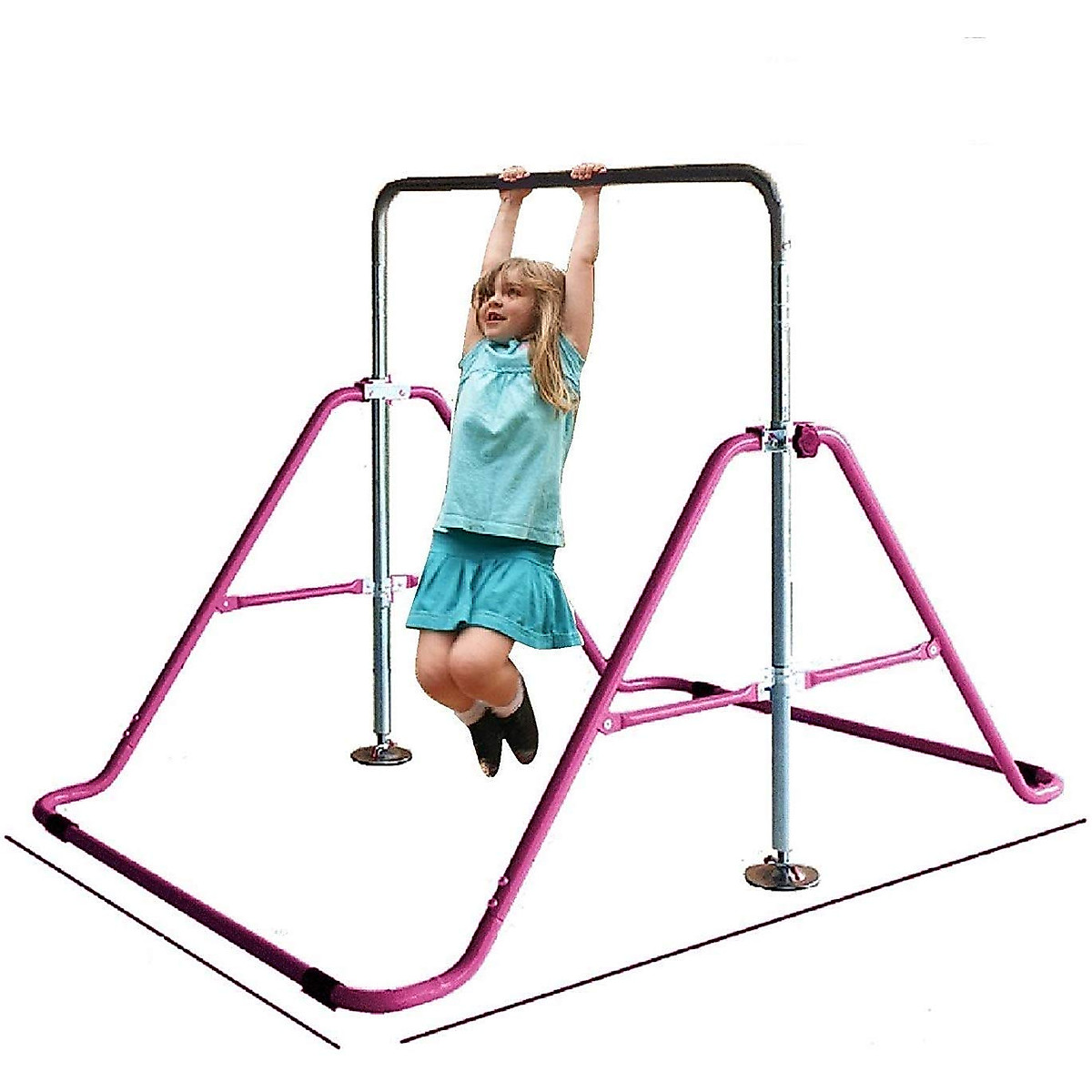 Kids Home Gymnastics Bar Jungle Gym 3 in 1 Set Deluxe Swing Seat, Trapeze Rings, Horizontal Kip Bar Height Adjustable Monkey Bar, Expandable Junior Training Gymnastic Balance Bar, Swing Set (Pink)