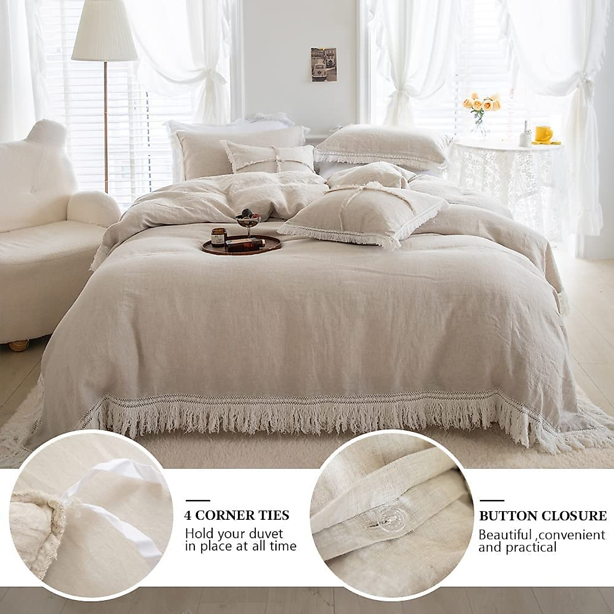 Simple&Opulence 100% Linen Boho Duvet Cover,3pcs Bohemian Textured Collection Bedding Set for All Seasons,French Country Comforter Cover Set with Pillow Shams (Queen, Tassel-White)