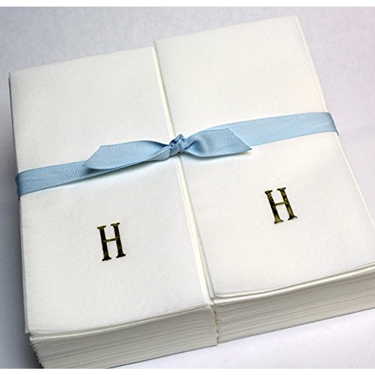Disposable Nature's Linen Guest Hand Towels with a Ribbon - Personalized with a Gold Single Block Initial - H - 50ct.