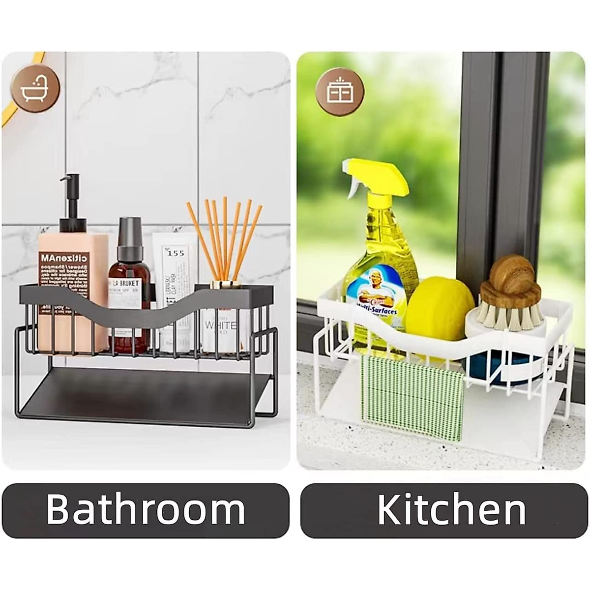 DMJWAN Kitchen Sink Caddy Organizer, 304 Stainless Steel Sponge Holder Sink Caddy with Auto Drain Tray, Holds Sponge, Dish Soap Dispenser, Cleaning Towel, Scrubber, and Utensils